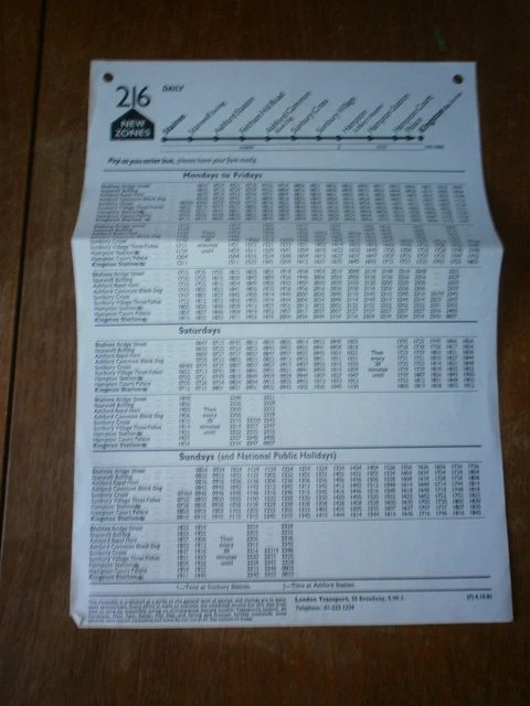 LONDON TRANSPORT BUS Stop Panel Timetable-Route 216, 1981 £1.00 ...