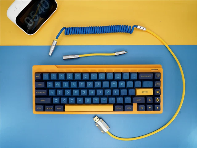 CUSTOM MADE BLUE Yellow Mechanical Keyboard USB Coiled Cable Type-C ...