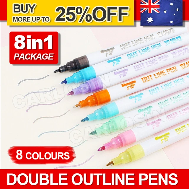 8 COLOURS CARD Writing Drawing Double Line Outline Pen Highlighter ...