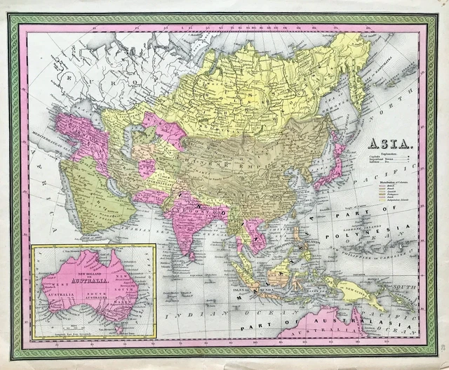 1845 ATRACTIVE COLOURED map of Asia Continent map by Mitchell original ...