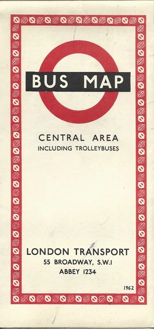 LONDON TRANSPORT CENTRAL Area Bus Map Including Trolleybuses - 1962 £5. ...