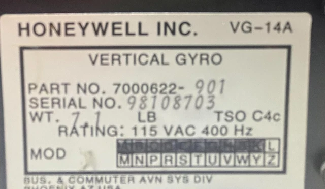 HONEYWELL VG-14A VERTICAL Gyro 7000622-901 Working When Removed 8/1/25 ...