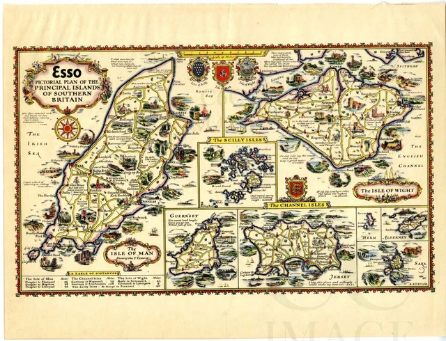 1930S MAP PICTORIAL PLAN Isle Man WIGHT Jersey GUERNSEY Sark ROADS ...