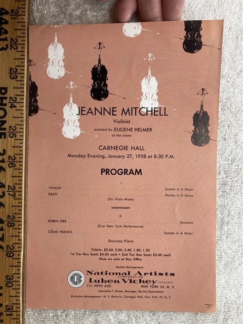1958 JEANNE MITCHELL violoniste Eugene Helmer Carnegie Hall Program ...
