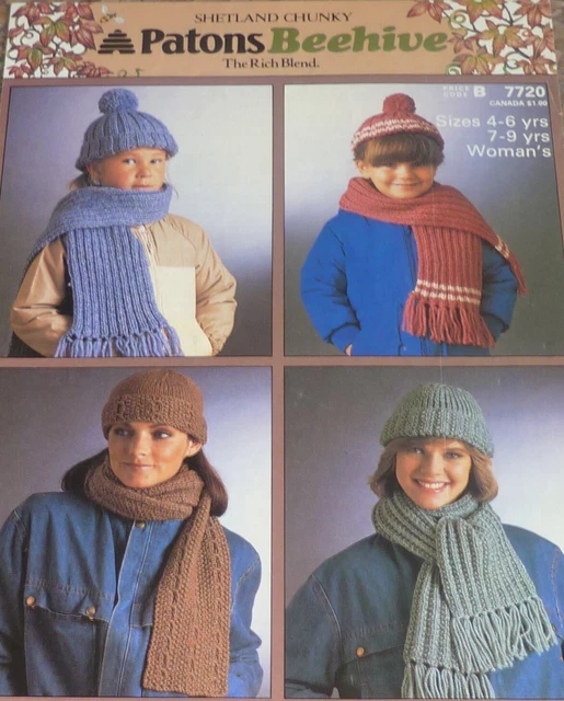 PATONS KNIT PATTERN Family Chunky Striped/Plain/Cable Patt Hats ...