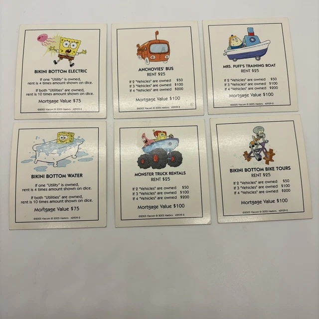MONOPOLY SPONGEBOB SQUAREPANTS Replacement Cards Utilities Water ...