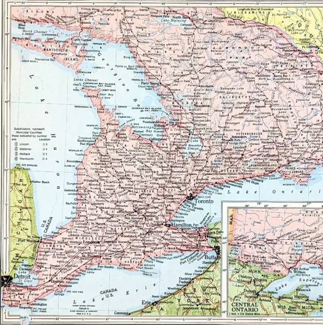 1956 ONTARIO CANADA Map ORIGINAL Toronto Great Lakes Railroads ...