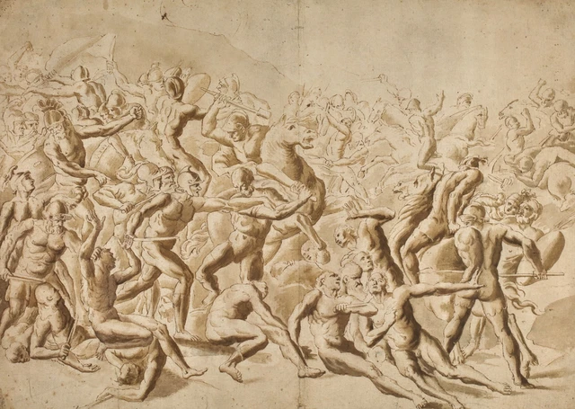 17TH CENTURY LARGE ITALIAN OLD MASTER INK & WASH DRAWING - BATTLE OF ...