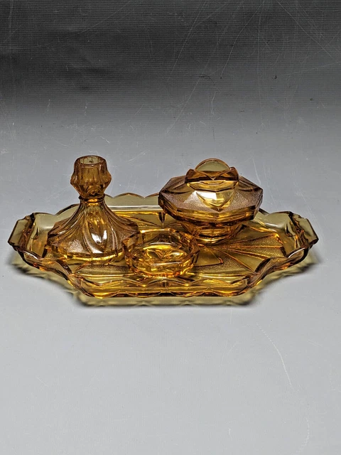 DRESSING TABLE SET Amber Depression Glass Early 1920's Art Deco Treacle ...