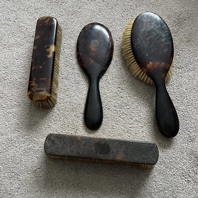 4 ANTIQUE ART DECO Era FAUX TORTOISE SHELL Old DRESSER SET Hand MIRROR ...