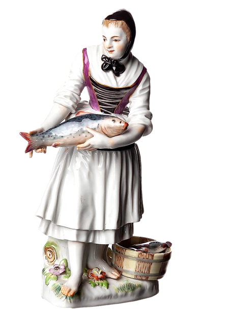 FIGUR FISCHERIN MIT Korb Meissen 1. Wahl Modell 73050 1989 Höhe:19,5cm ...
