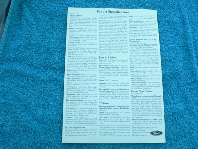 FORD ESCORT MK1 specification sheet £5.00 - PicClick UK