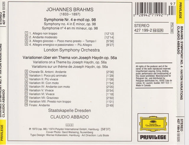 BRAHMS SYMPHONY NO. 4 Haydn Variations (CD 1989) DGG Classical Claudio Abbado $8.96 - PicClick CA