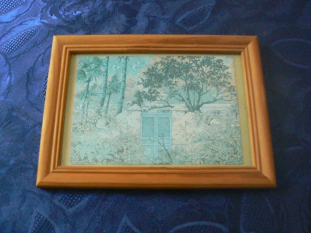 ANCIEN PETIT ENCADREMENT Bois Gravure Paysage Bleu Vintage Tableau Art ...