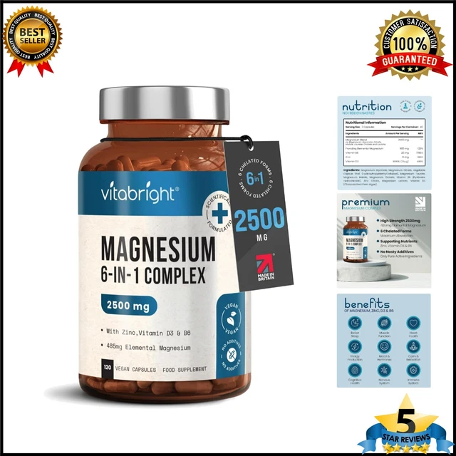 MAGNESIUM GLYCINATE 6-IN-1 Complex 2500mg, 485mg Elemental Magnesium ...