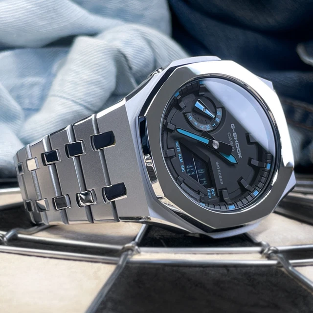 CUSTOM SILVER DIGITAL Blue Casioak Casio G-Shock Stainless Steel ...