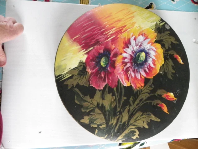 ANCIENNE GRANDE BOITE en carton décor peint de pavots 36 cm D. HERAM ...