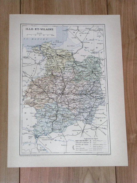 1887 ANTIQUE ORIGINAL Map Of Department Of Ille-Et-Vilaine Rennes ...