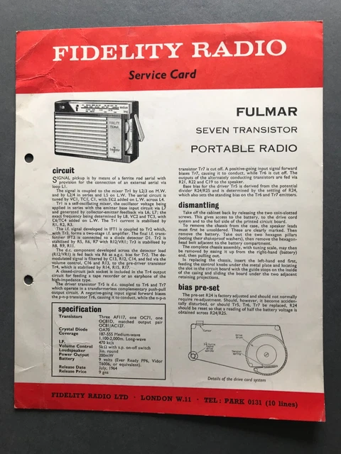 VINTAGE FIDELITY RADIO Model FULMAR Seven Transistor Portable Radio ...