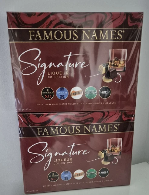 FAMOUS NAMES CHOCOLATE Liqueurs 2 x 185g Boxes Dark Chocolate Christmas ...
