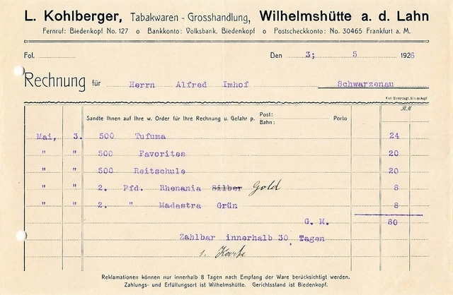 OLD INVOICE RECEIPT 1926 Kohlberger tobacco tobacco cigarettes ...