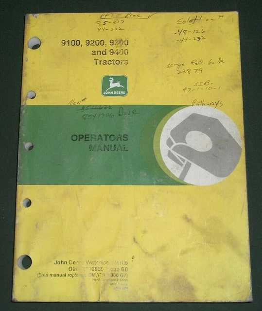 MANUEL D'UTILISATION ET D'Entretien Du Tracteur JOHN DEERE 9100 9200 9300 9400 EUR 43,68 ...