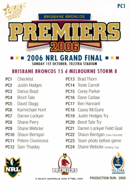 2006 BRISBANE BRONCOS NRL Premiers Select Series Card - Club Logo EUR ...