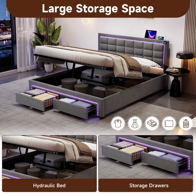 LED OTTOMAN STORAGE 5ft King Upholstered Bed Frame with Headboard & 2 ...