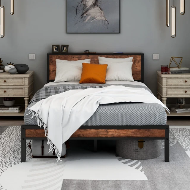 DIAHOMY DOUBLE BED Frame Metal Platform Bed Frame with Wood Headboard ...
