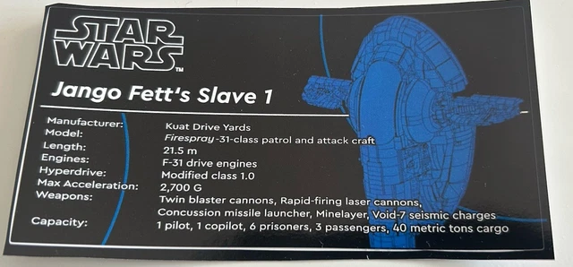 LEGO STAR WARS UCS Custom Sticker 75409 Slave 1 Jango Fett version (not ...
