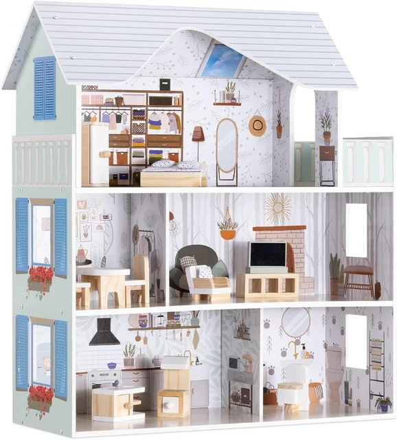 WOODEN DOLLS HOUSE 3 Storey Wood Dollhouse with Toy Furniture Soft ...