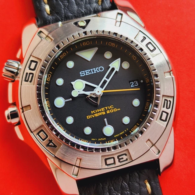 SEIKO KINETIC DIVERS Watch Rare Left Hand Crown Oversize Date 5M62-0AY0 ...