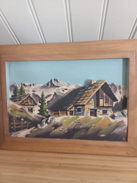 TABLEAU EN BOIS Sculpté et Peint - Chalet en Montagne - signé GUILLOT EUR 25,00 - PicClick FR
