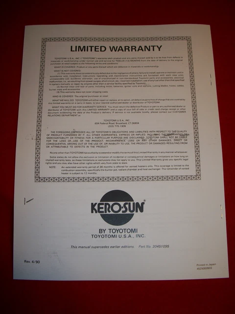 KERO-SUN TOYOTOMI,TOYOSTOVE DOUBLE Clean DC 100 Owners Manual Parts ...