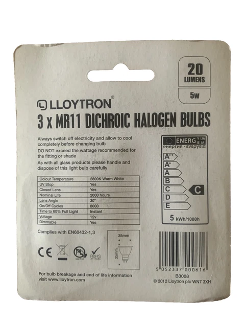 LLOYTRON MR11 Halogen Bulbs 5w-12v Gu4-2800k Dimmable One Pack 3 Bulb ...