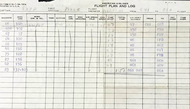 VINTAGE AMERICAN AIRLINES Flight Plan Log Sheet CHI to DCA 1954 e1-56 £ ...