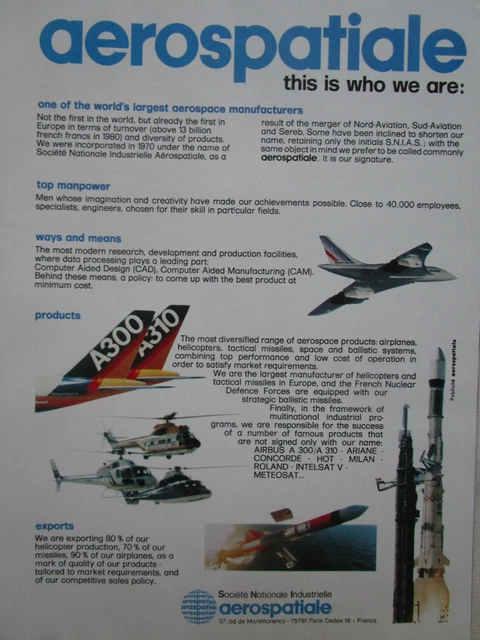 1981-1982 PUB AEROSPATIALE Aerospace Ariane Concorde Airbus Exocet ...