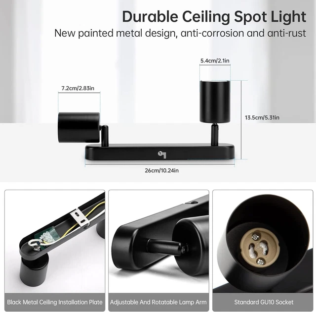 TRACK LIGHTING KIT Rotatable Lamp Head 2 Way Ceiling Spotlight GU10 ...