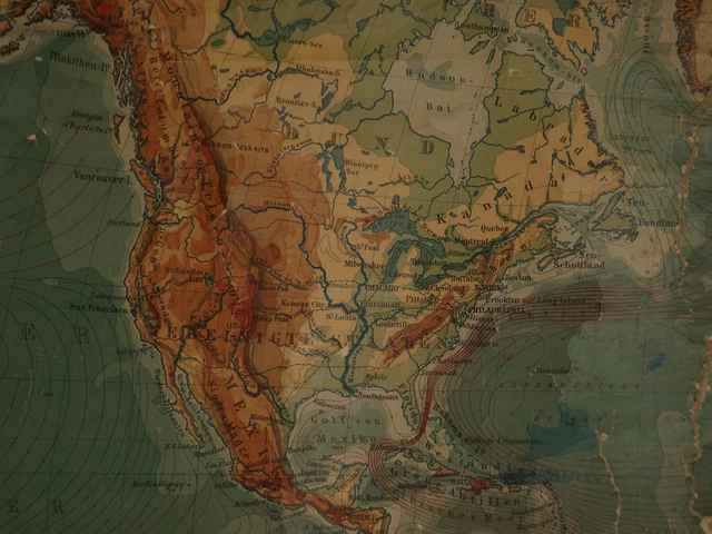 WALL MAP PHYSICAL World Map Earth Germany~1935 Produced 212x140 Vintage ...