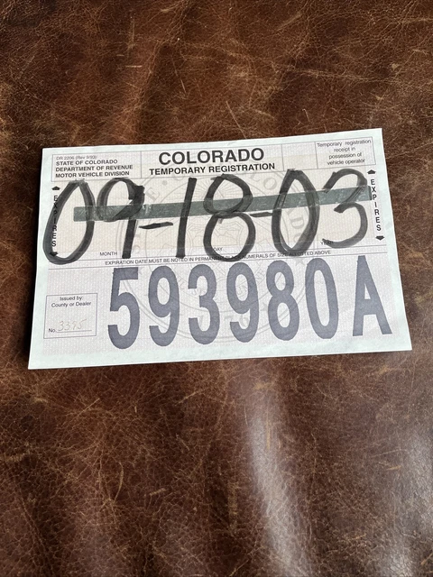 VINTAGE 1993 COLORADO TEMPORARY License Plate paper TAG # 593980 A $12. ...