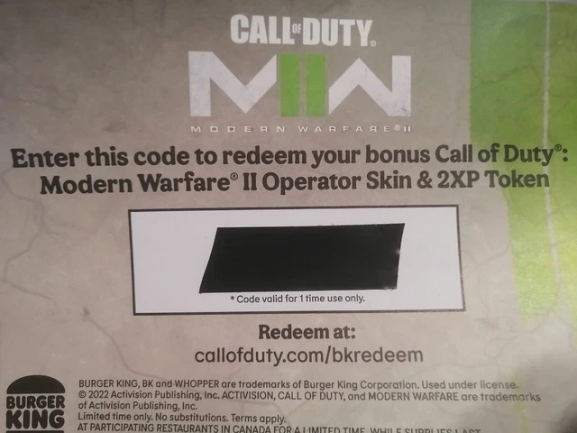 CALL OF DUTY Modern Warfare 2 Burger King Code Operator Skin Double XP ...
