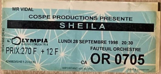 SHEILA - TICKET concert n° OR 0703 - Olympia Paris - Lundi 28 Septembre ...