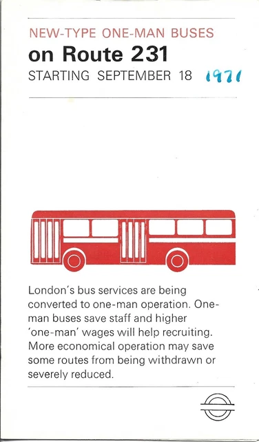 LONDON TRANSPORT NEW Type One Man Buses On Route 231 - Sep 1971 £0.63 ...