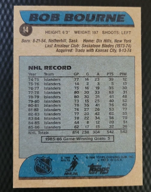 1986-87 TOPPS BOB BOURNE Islanders de New York hockey LNH statistiques ...