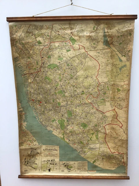 LARGE VINTAGE GEOGRAPHIA Wall Map Of Liverpool, School Pull Down Map ...