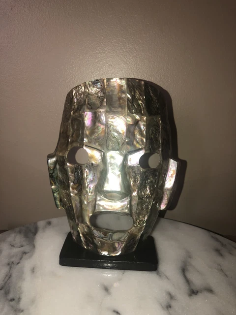 VINTAGE ABALONE SHELL Mayan Death Mask Mexican Folk Art Statue $55.00 ...