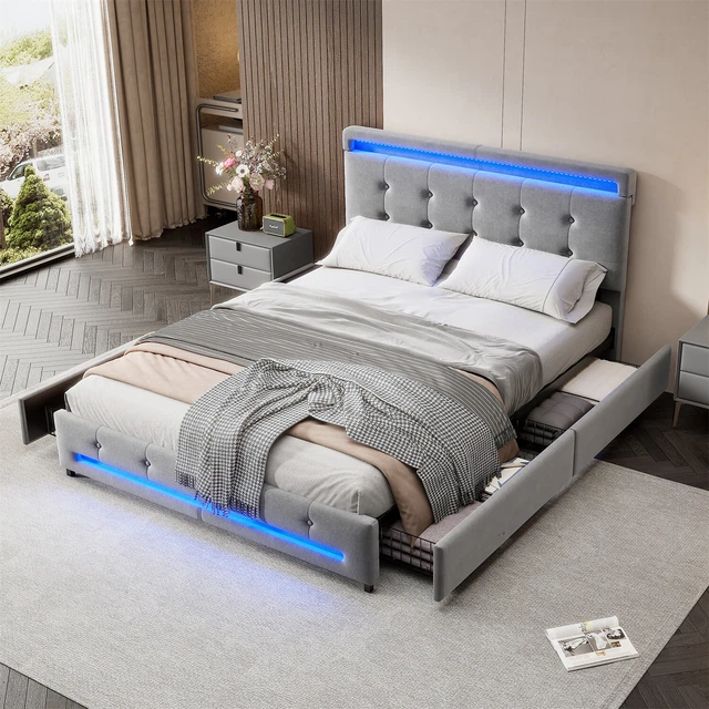 UPHOLSTERED 4FT6 DOUBLE Bed Frame with 4 Drawers LED Light Strips ...
