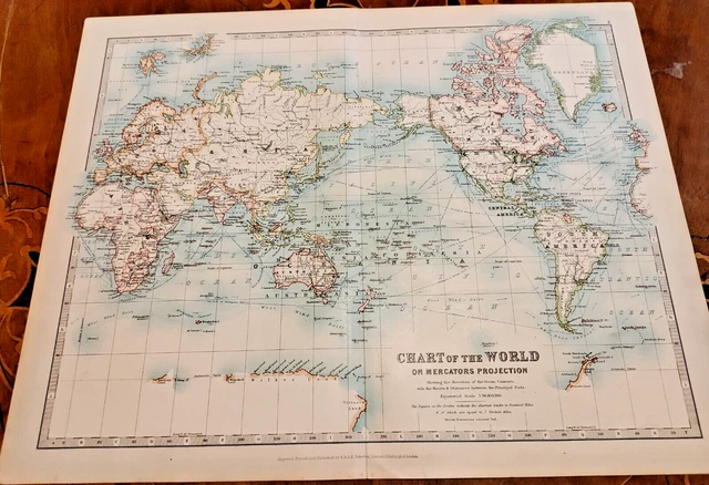 1900 JOHNSTON COLOUR Atlas Map Chart World Mercator Projection Unknown ...