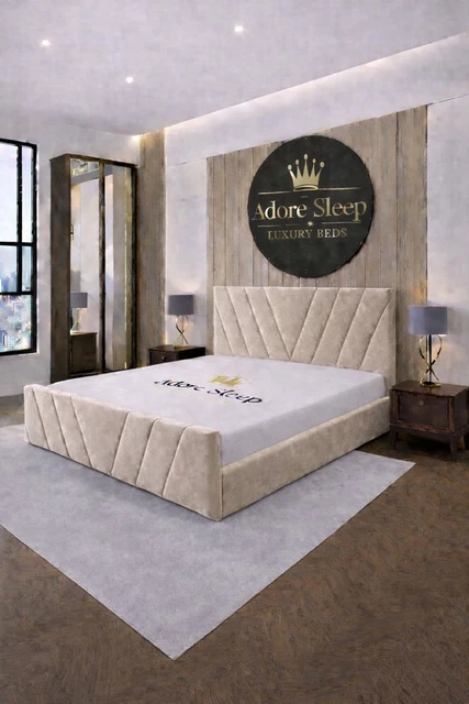 MODERN LUXURY PLUSH Velvet V Shape Lined Panel Bed Mattress + Gas Lift ...