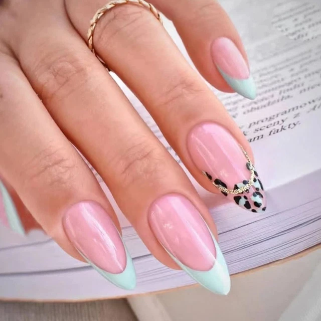 DIY FAKE NIALS Press on Nails Leopard French Long Almond False Nails ...